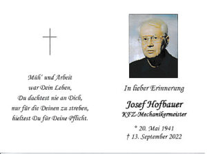 Hofbauer Josef - Bestattung Sammer