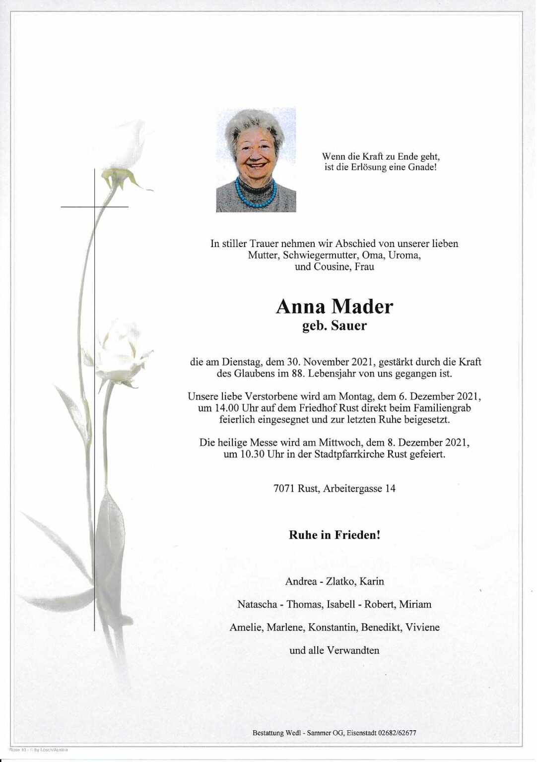 Mader Anna - Bestattung Sammer